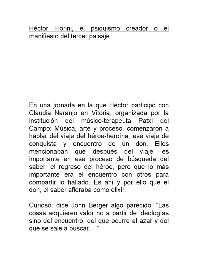 Héctor Fiorini. El Psiquismo Creador o El Manifiesto Del Tercer Pasaje PDF | PDF | Psique ...