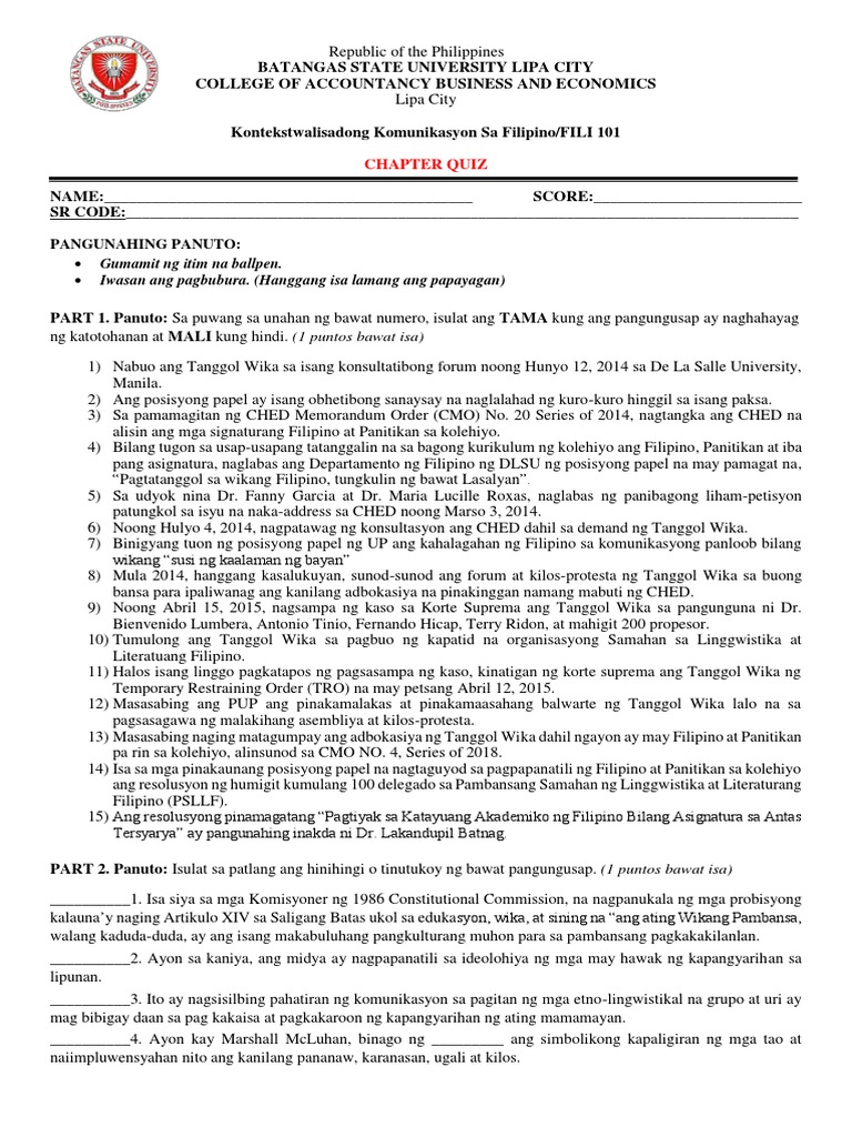 FIL 101 Chapter Quiz | PDF
