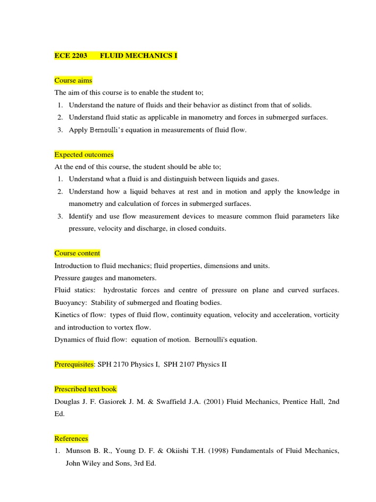 Fluid Mechanics Course Overview | PDF