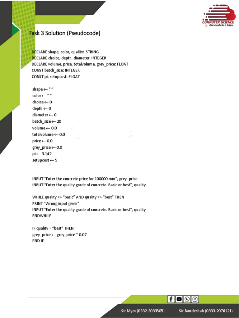 Task 3 Solution (Pseudocode) : Sir Mym (0332-3033505) Sir Bandeshah (0333-2076121) | PDF | Areas ...