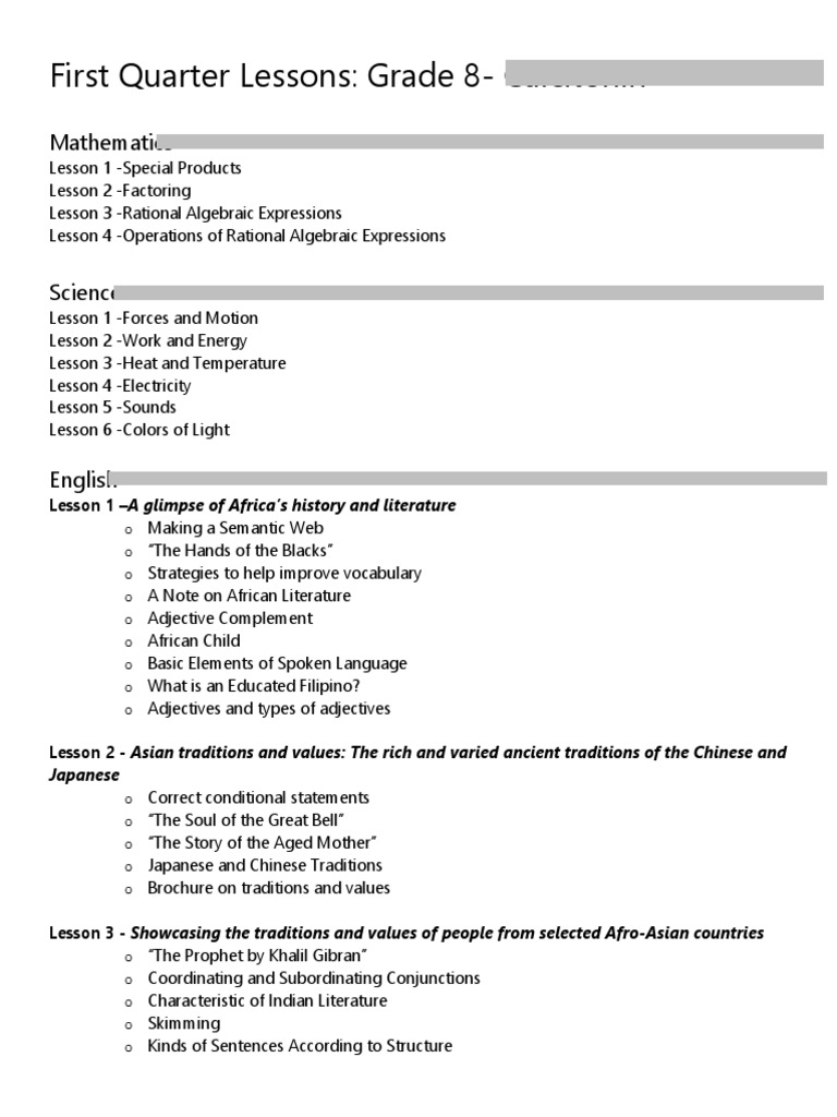 First Quarter Lessons Grade 8 | PDF | Southeast Asia | Semiotics