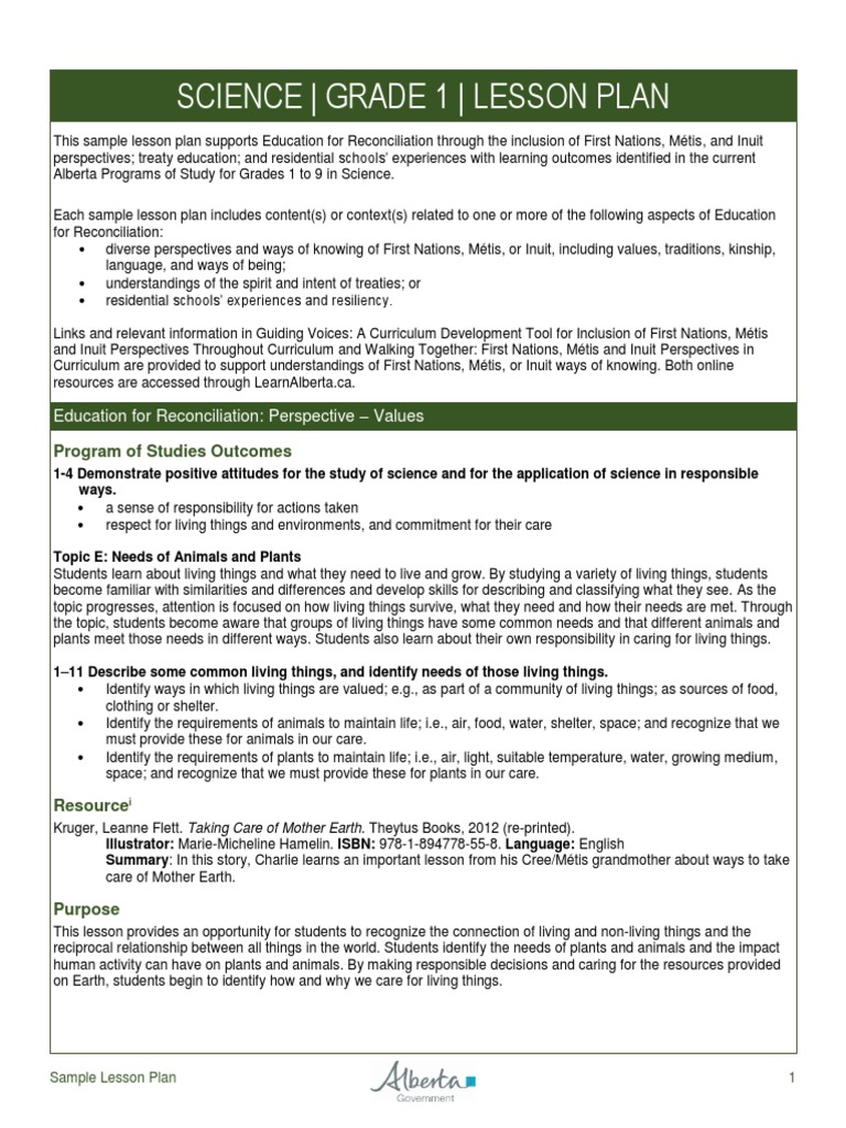 Science - Grade 1 - Lesson Plan: Education For Reconciliation ...