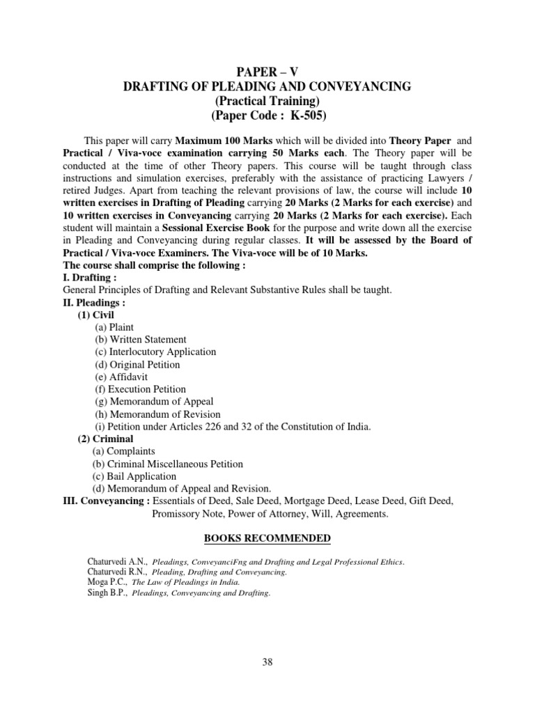 Paper - V Drafting of Pleading and Conveyancing (Practical Training) (Paper Code: K-505) | PDF