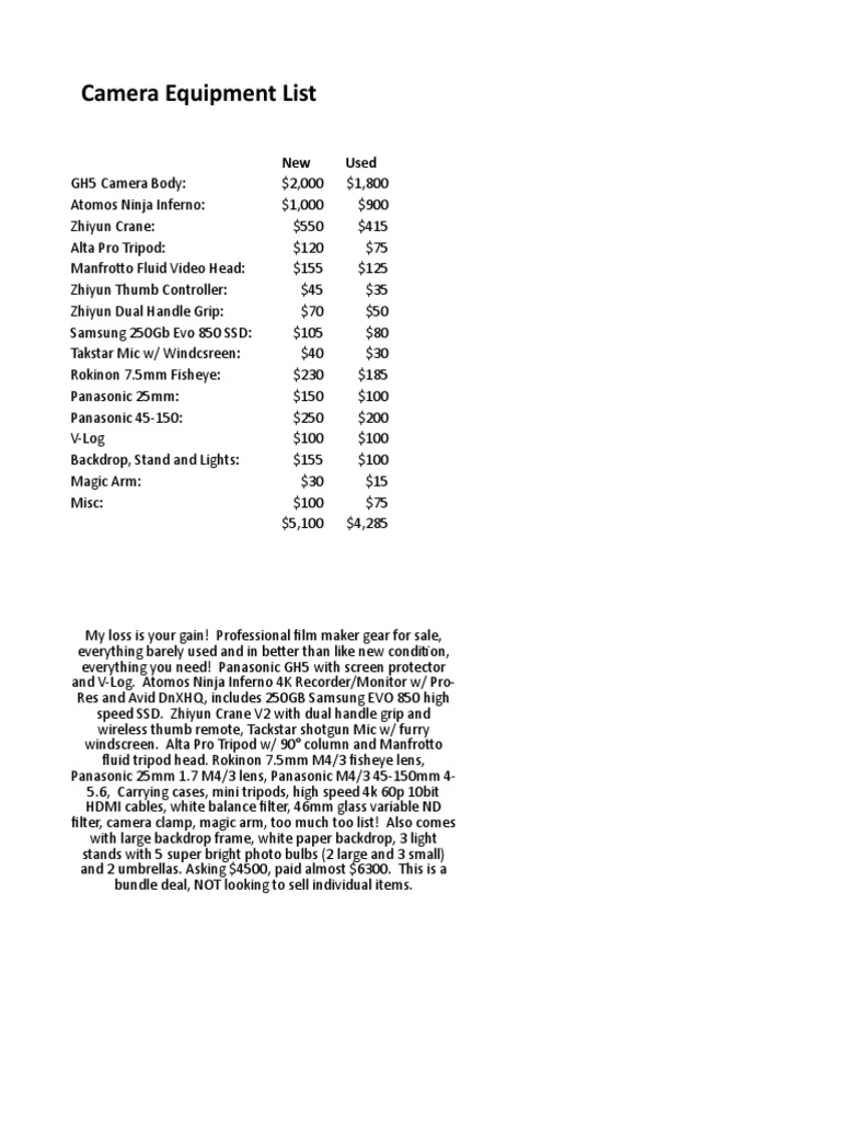 Camera Equipment List | PDF
