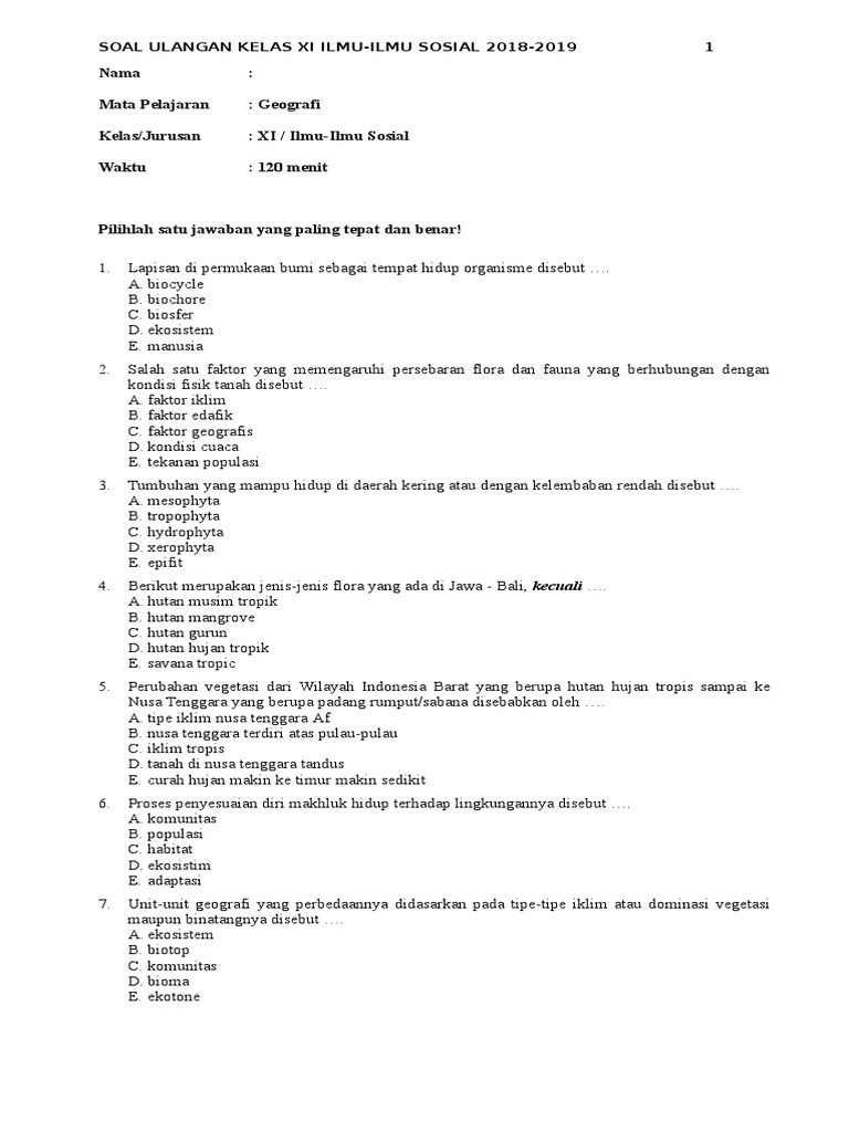 Soal Uh 1 Biosfer Kode A THN 2018-2019 | PDF