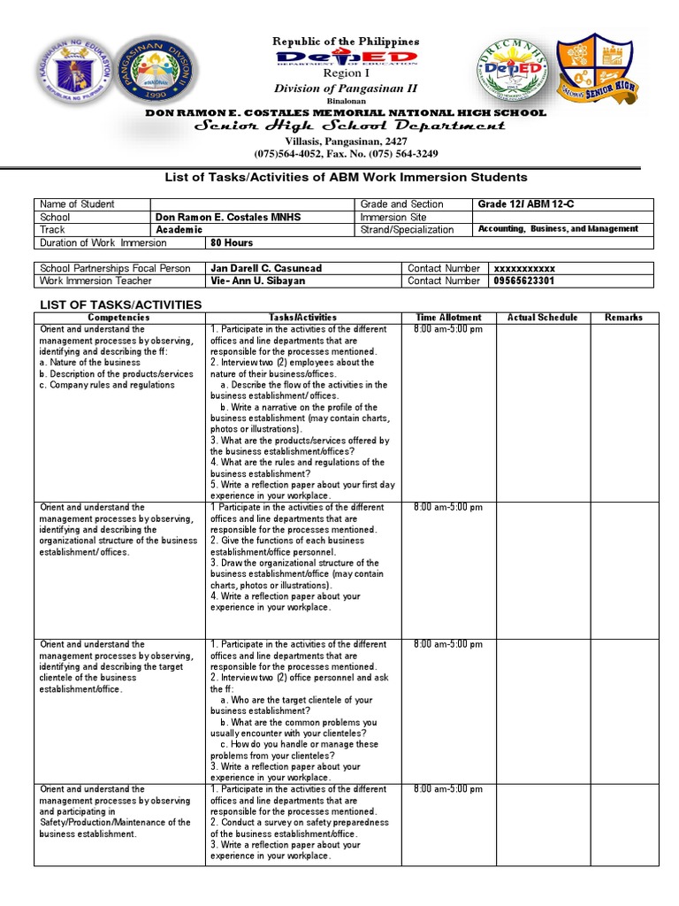 List of TasksActivities of ABM Work Immersion Students | PDF | Business ...