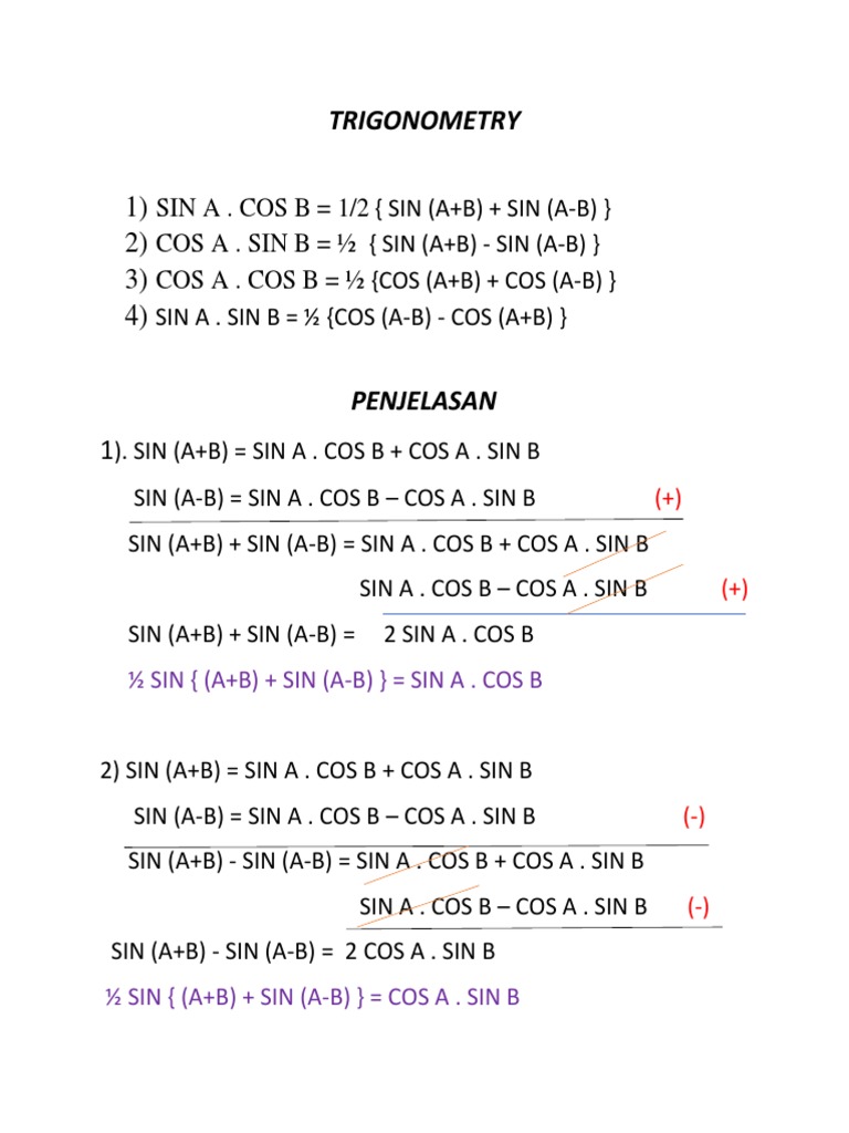 Trigonometry: Sin ( (A+B) + Sin (A-B) ) Sin A - Cos B | PDF | Teaching ...