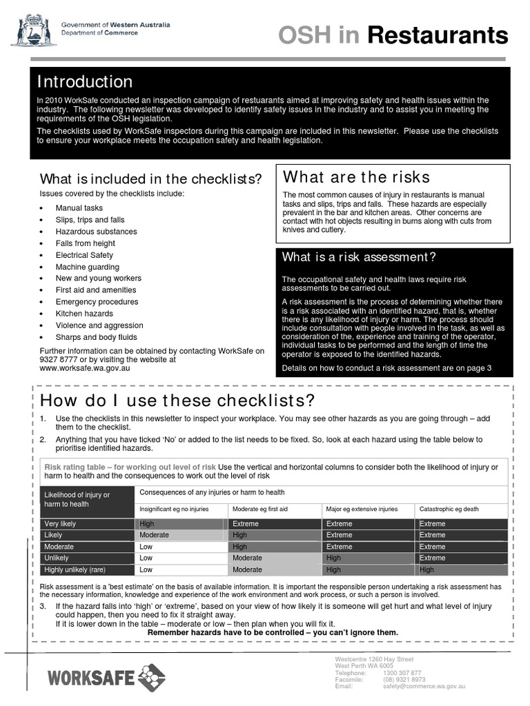 Restaurant Safety Checklist | PDF | Occupational Safety And Health ...