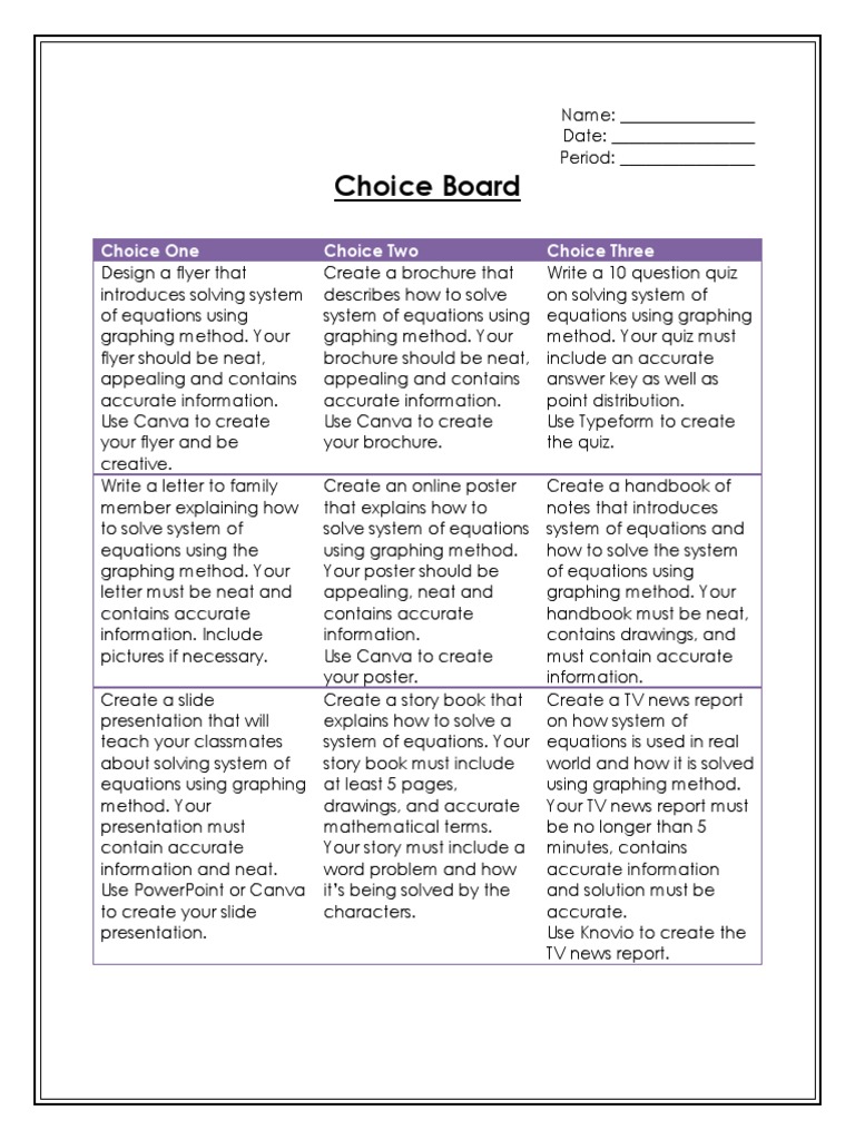 Choice Board | PDF | Teaching Mathematics | Science