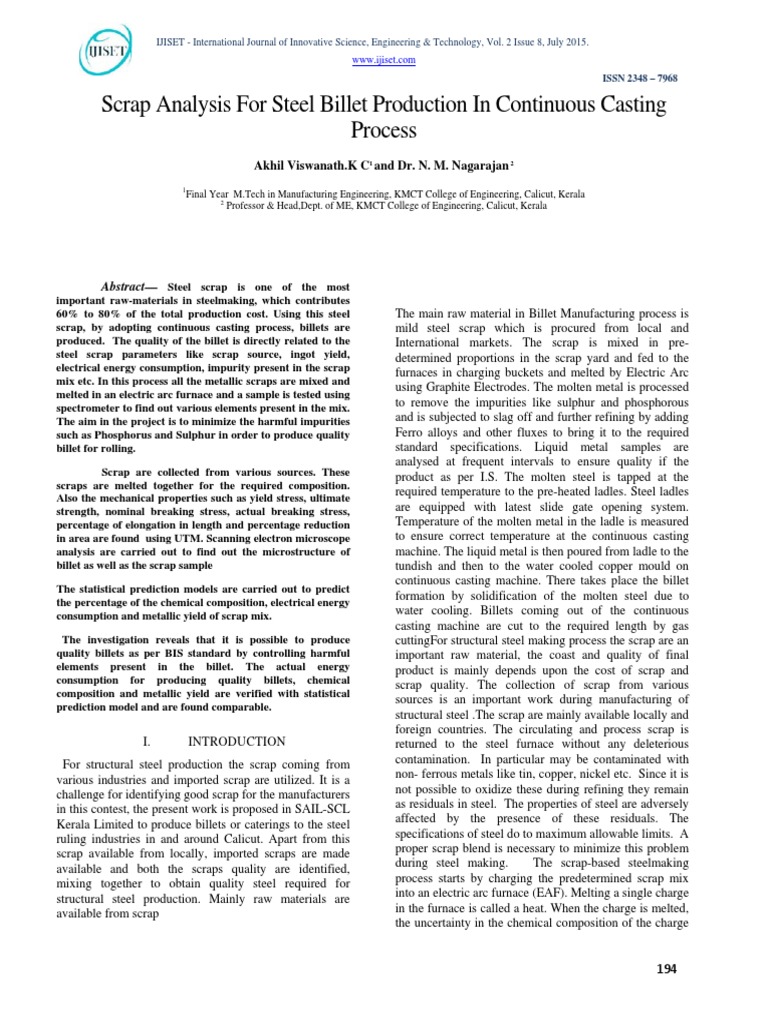 Scrap Analysis For Steel Billet Production in Continuous Casting ...