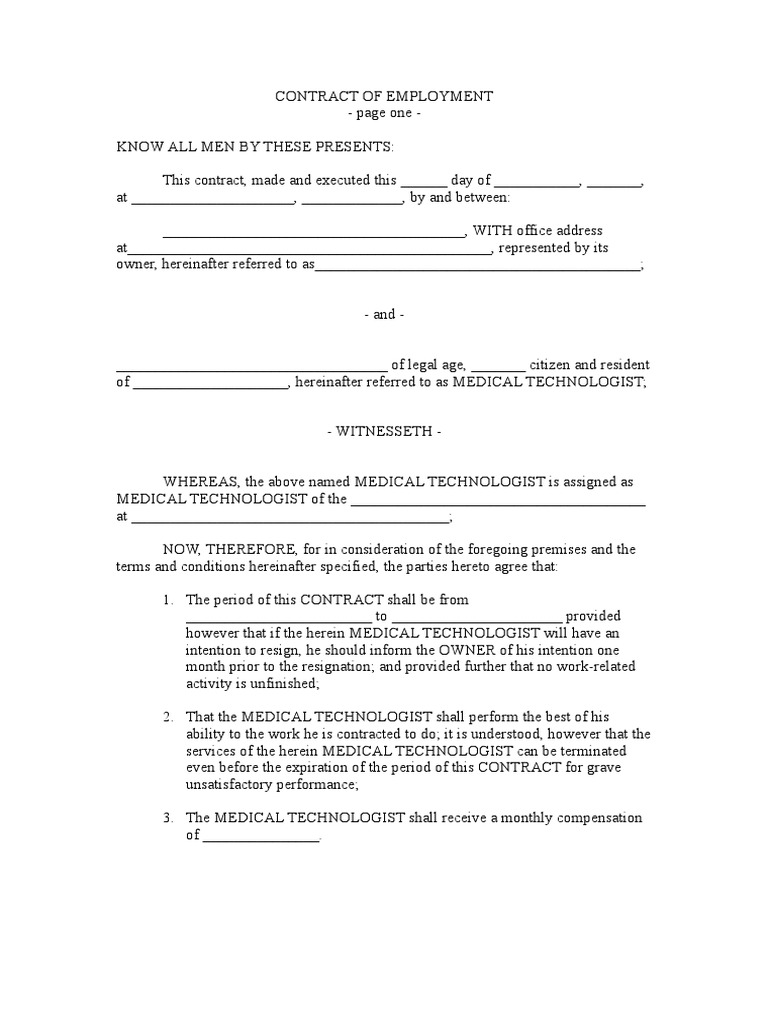 Contract of Employment Sample - Med Tech | PDF | Civil Law (Legal ...