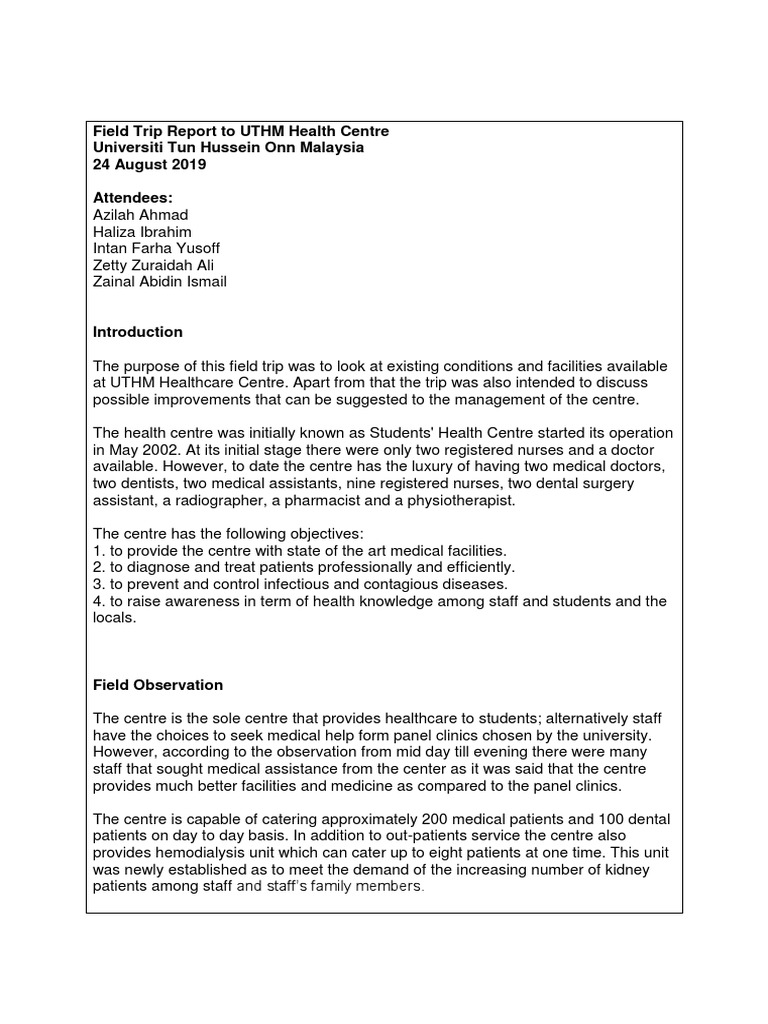 Field Trip Report To UTHM Health Centre | PDF | Patient | Health Care