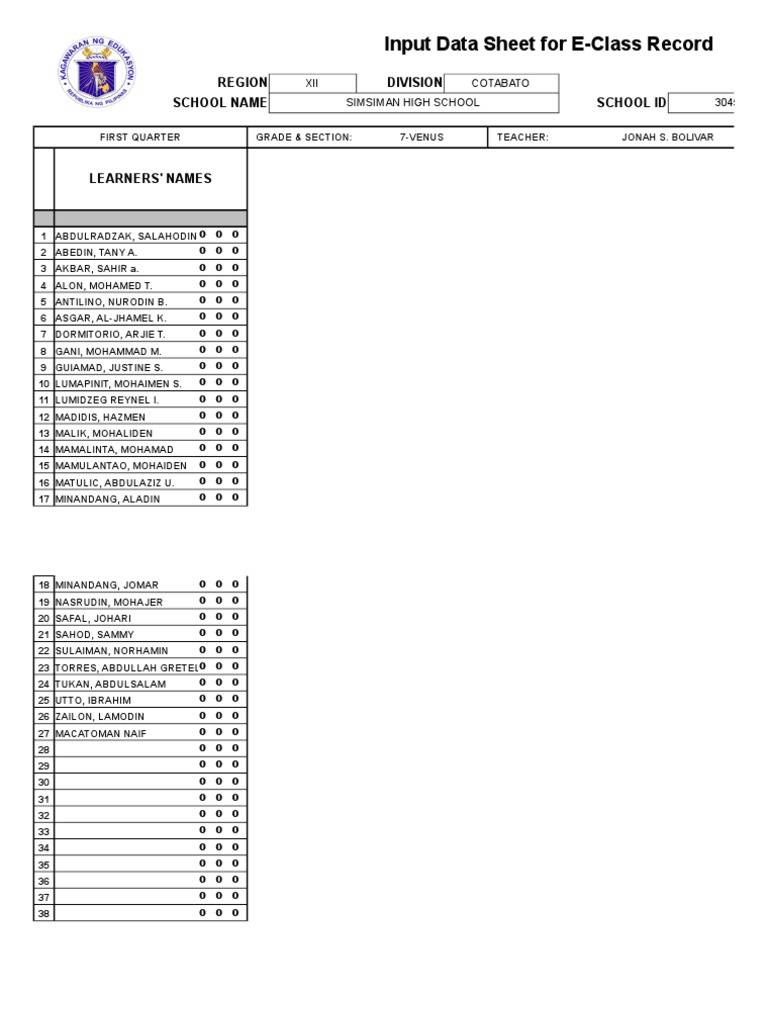 First Quarter Class Record for Grade 7-Venus at Simsiman High School | PDF