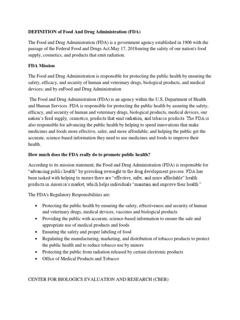 DEFINITION of Food and Drug Administration (FDA) | PDF | Food And Drug ...
