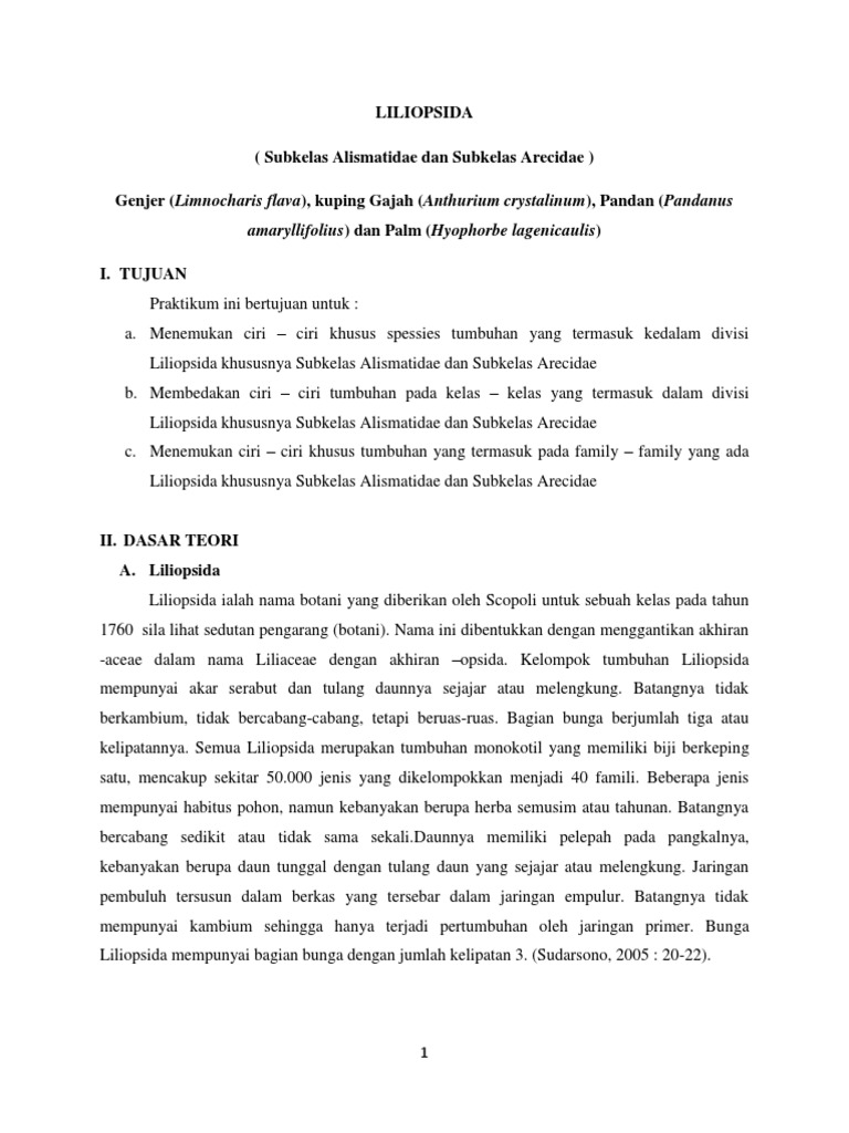 LILIOPSIDA Subkelas Alismatidae Dan Subk | PDF | Griya & Taman | Sains ...