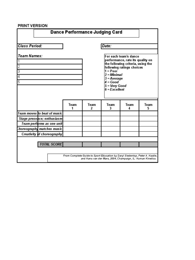 Dance Performance Judging Card | PDF | Leisure | Sports