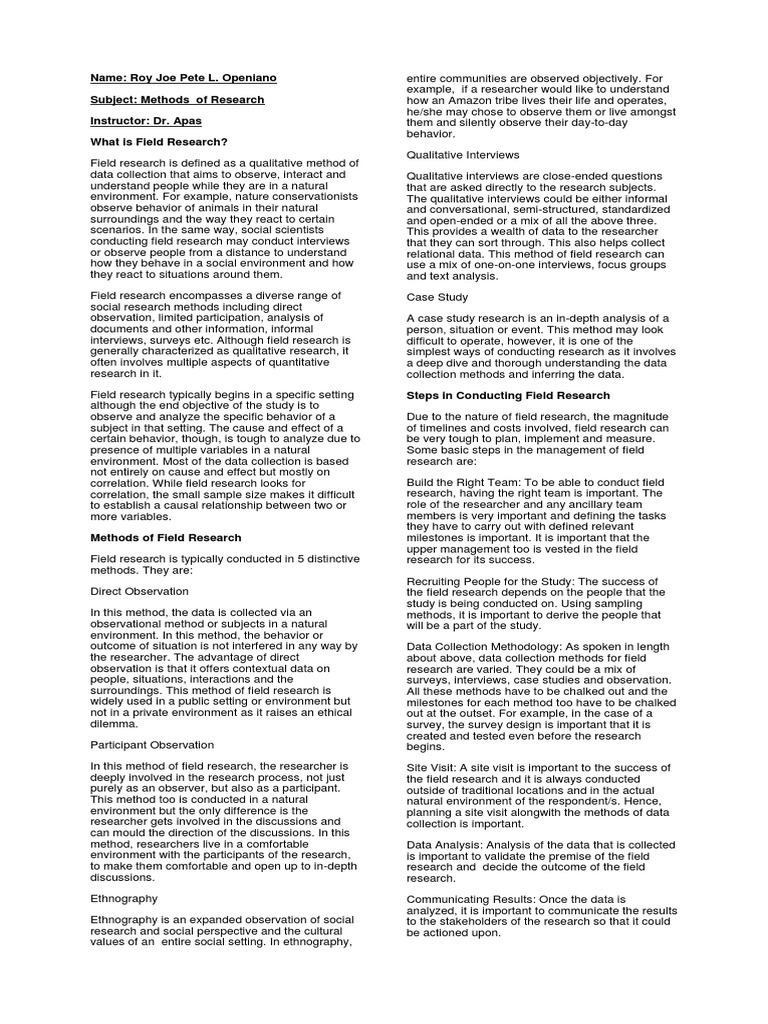 Field Research Written | PDF | Field Research | Qualitative Research