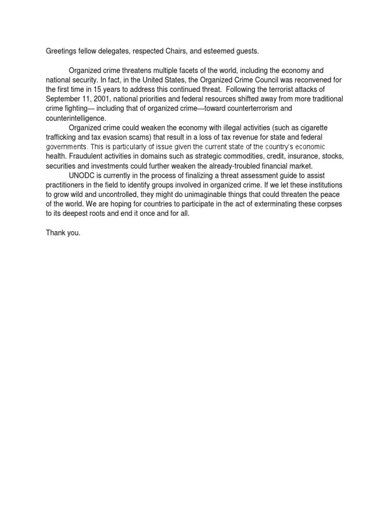 Opening Speech For Mun (UNODC) | PDF