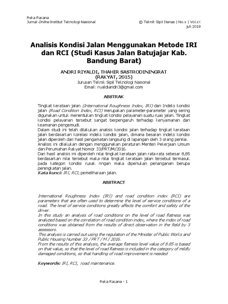 Analisis Kondisi Jalan Menggunakan Metode Iri Dan Rci | PDF