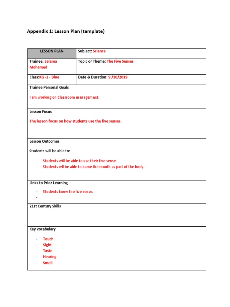 Lesson Plan The Five Senses | PDF | Lesson Plan | Psychological Concepts