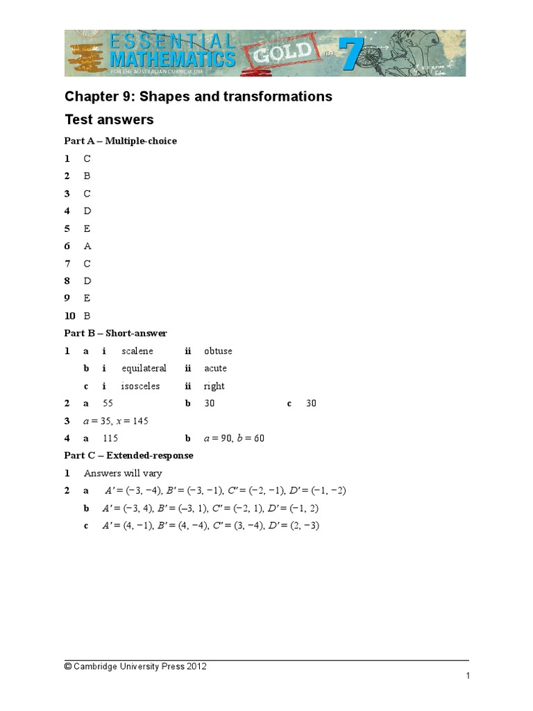 Chapter 9: Shapes and Transformations Test Answers: C B C D E A C D E | PDF