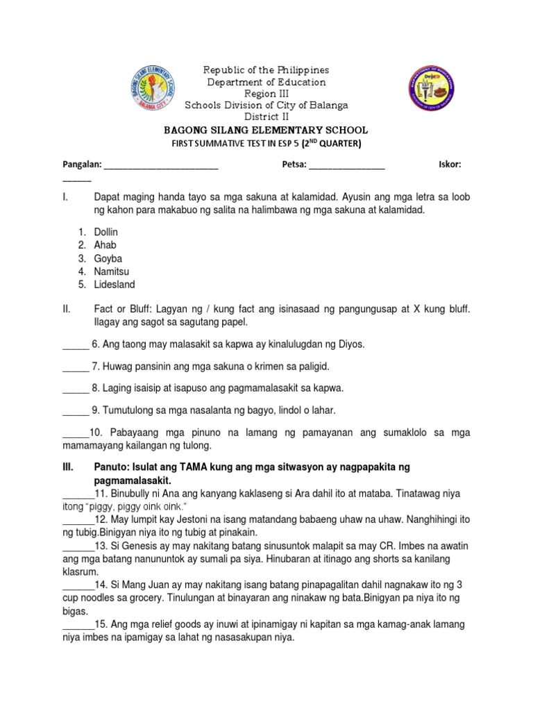 ESP5 Q2 1st Summative With TOS | PDF
