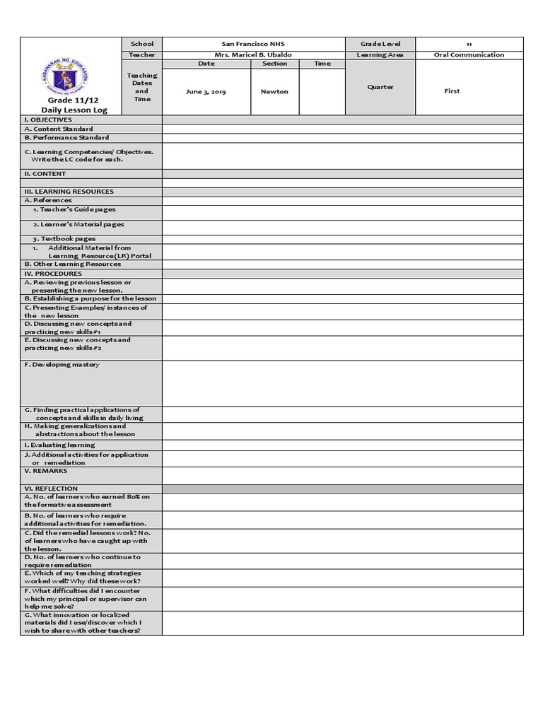 Grade 11/12 Daily Lesson Log: San Francisco NHS 11 Mrs. Maricel B ...