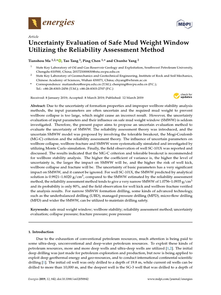 Energies: Uncertainty Evaluation of Safe Mud Weight Window Utilizing ...