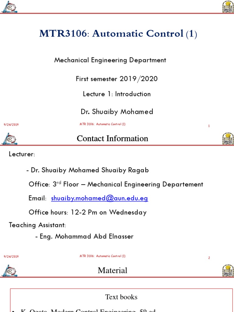 MTR3106: Automatic Control (1) : Mechanical Engineering Department First Semester 2019/2020 ...
