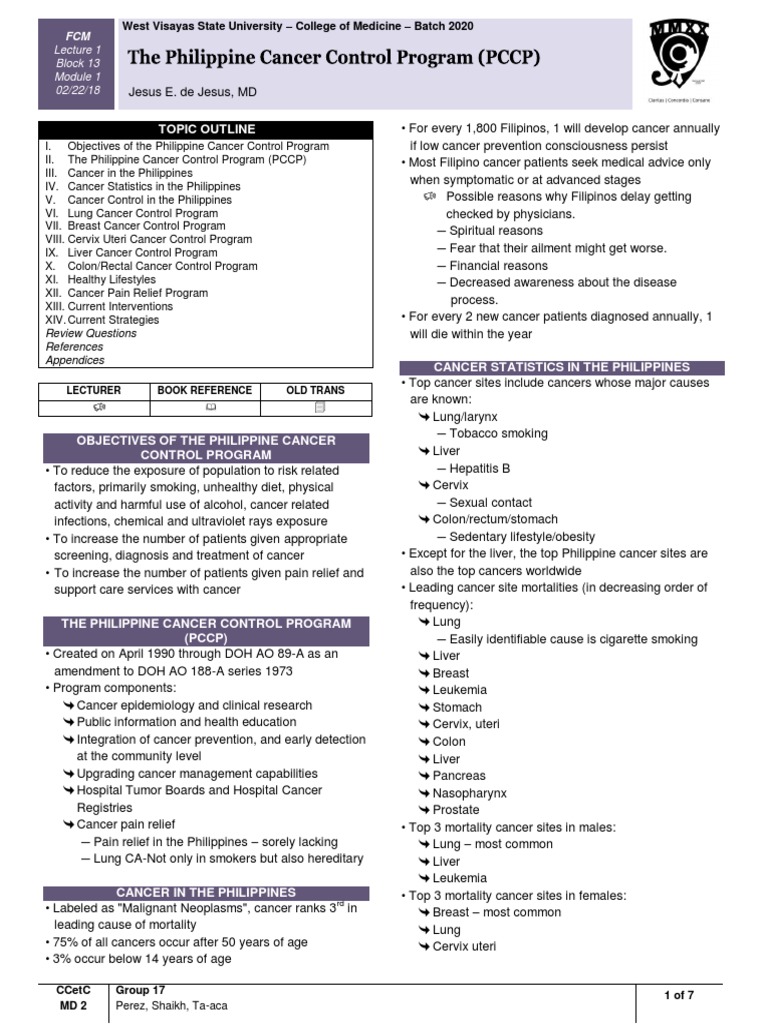 FCM L1 - The Philippines Cancer Control Program (PCCP) | PDF | Breast Cancer | Morphine