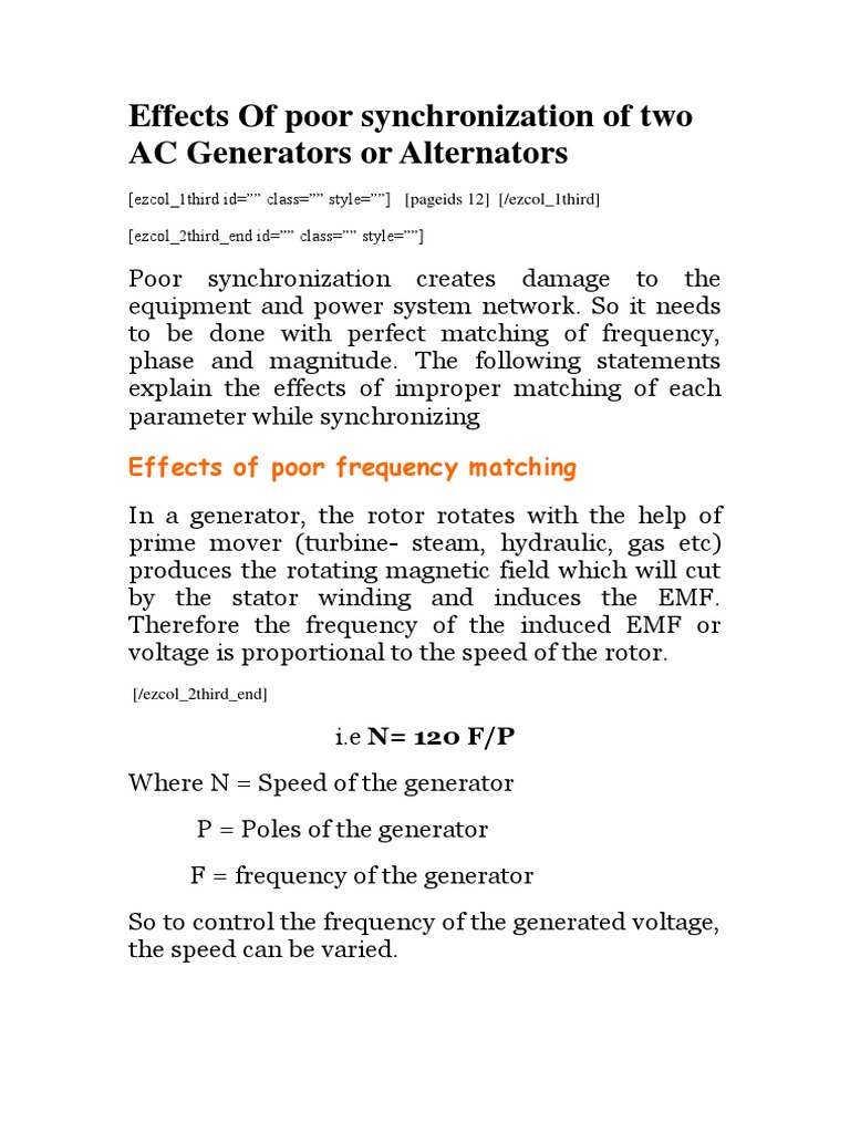 Effects of Poor Synchronization of Two AC Generators or Alternators | PDF | Electric Power ...