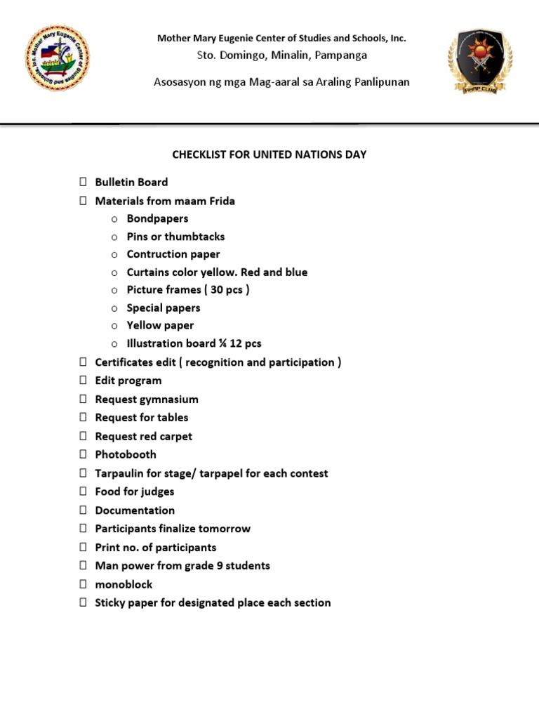Checklist For United Nations Day | PDF