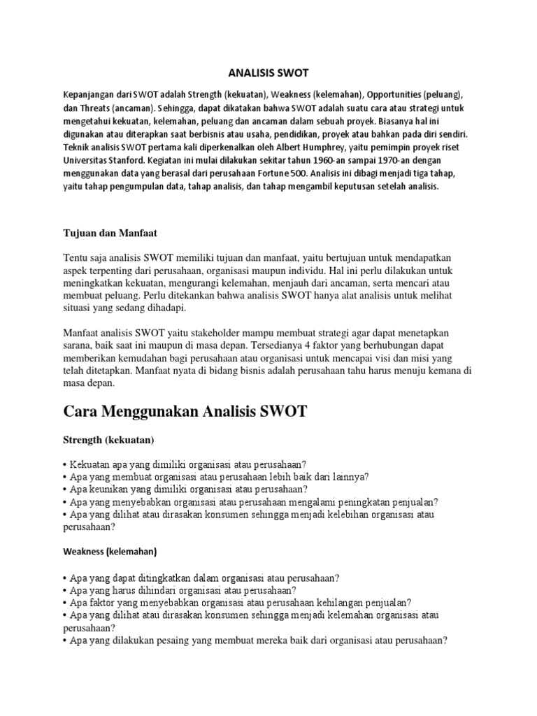 Sejarah dan Manfaat Analisis SWOT | PDF