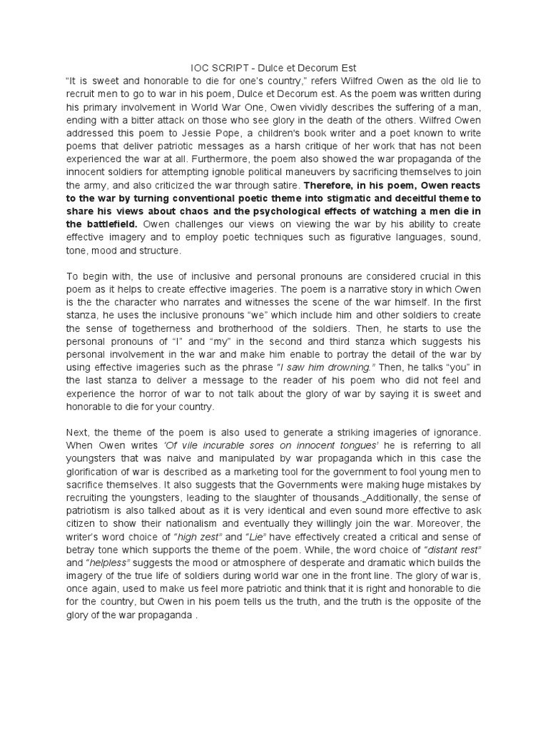 English - IOC Script Dulce Et Decorum Est (Poem) | PDF | Poetic Form ...