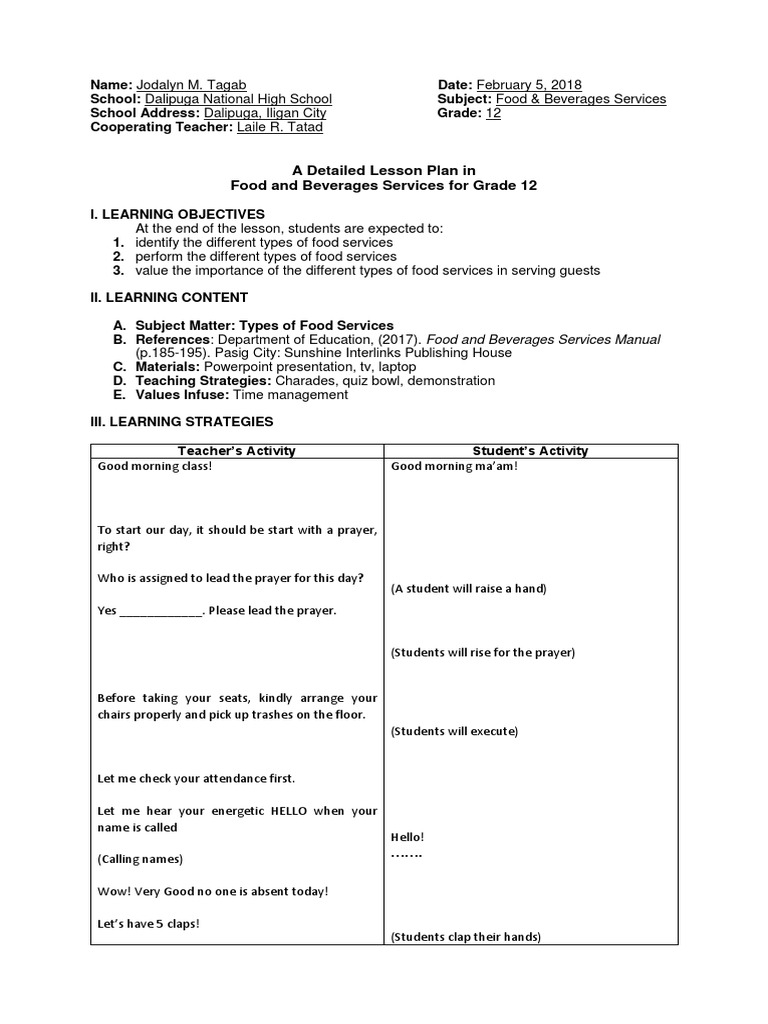 FBS Lesson Plan 1.1 | PDF | Tableware | Restaurants