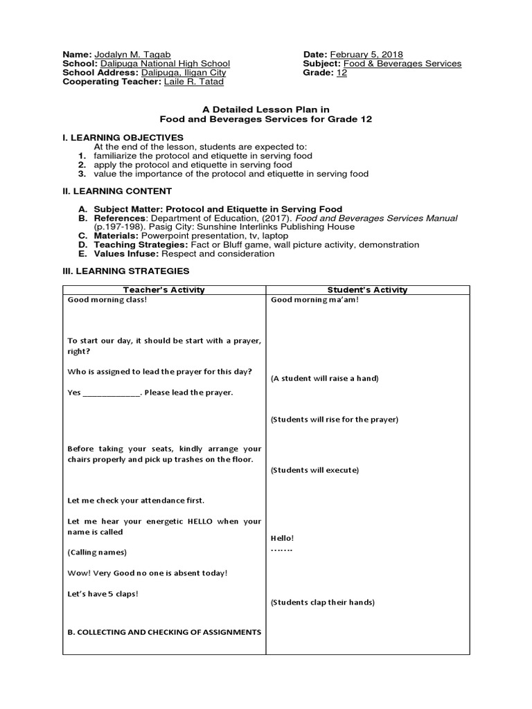 Protocol and Etiquette in Serving Food: A Detailed Lesson Plan for ...