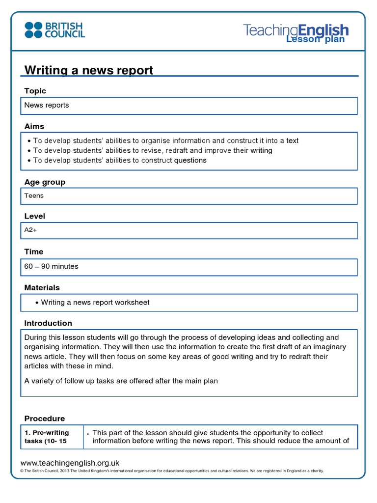 Writing A News Report: Lesson Plan | PDF | Question | Newspapers
