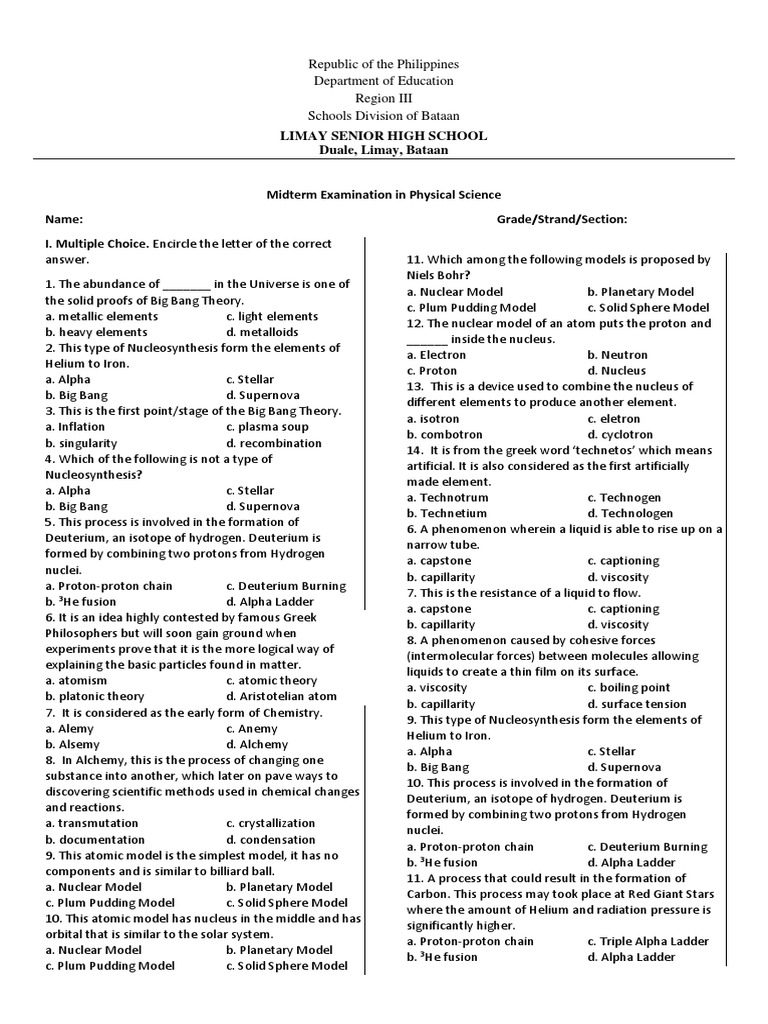Limay Senior High School Duale, Limay, Bataan | PDF | Atomic Nucleus ...