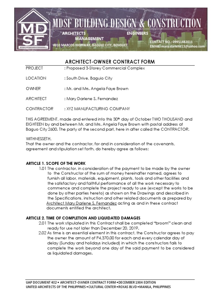 MDSF Building Design & Construction: Architect-Owner Contract Form ...