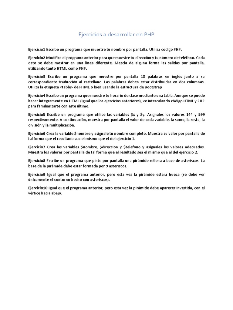 Ejercicios A Desarrollar en PHP | PDF