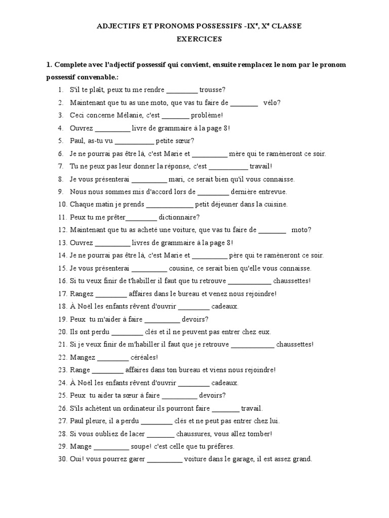 ADJECTIFS ET PRONOMS POSSESSIFS-exercices | PDF | Arts du langage et ...