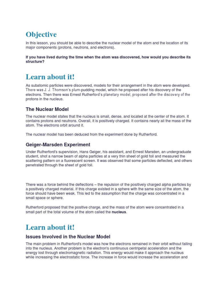 Lesson Guide Nuclear Model of Atom | PDF | Atomic Nucleus | Nuclear Physics