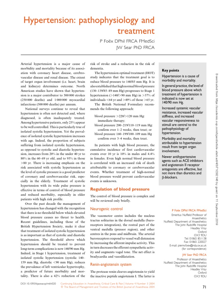Hypertension: Pathophysiology and Treatment: P Foe X Dphil Frca Fmedsci ...