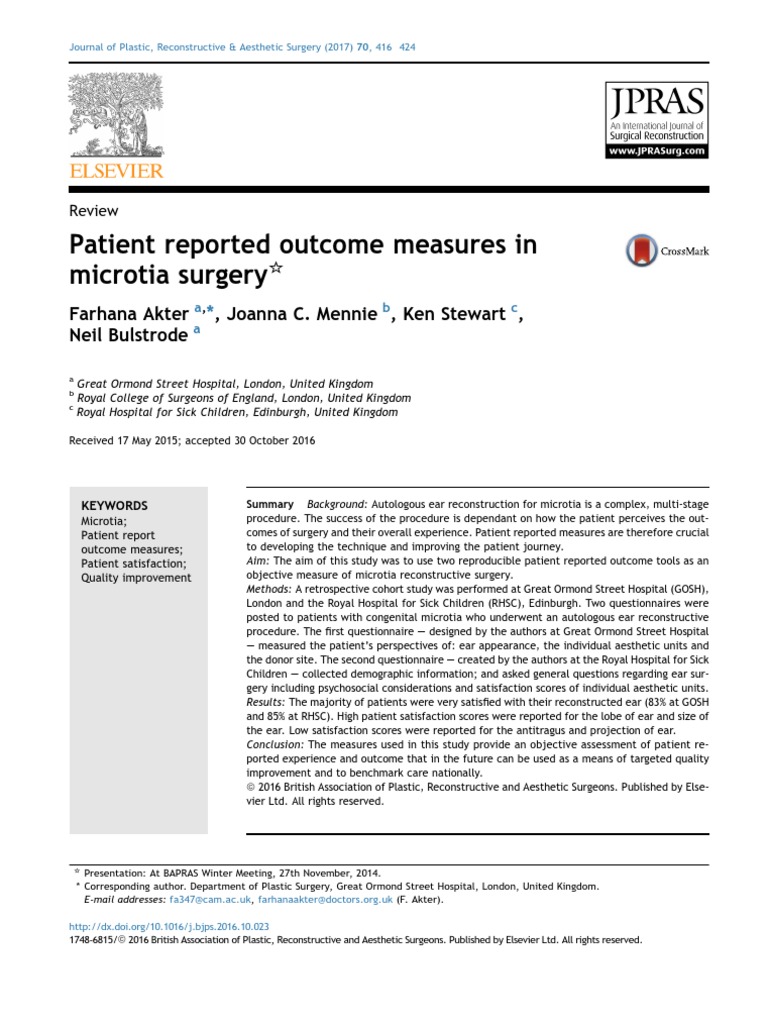 Patient Reported Outcome Measures in Microtia Surgery: Farhana Akter ...