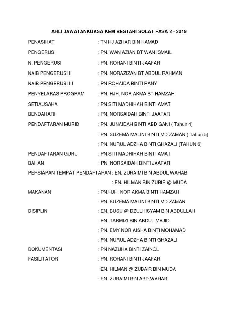 Ahli Jawatankuasa Kem Bestari Solat Fasa 2 | PDF