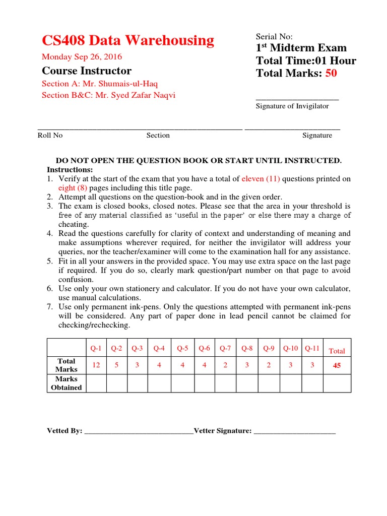 Data Warehousing Midterm Exam: Questions Covering Key Concepts and ...