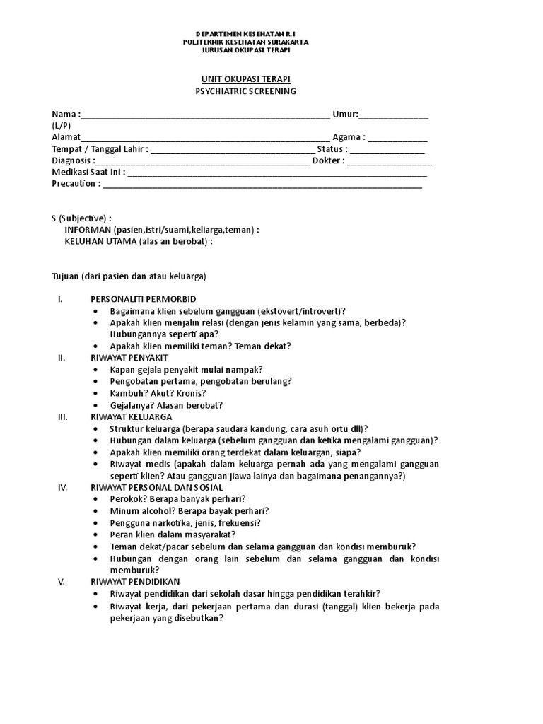 UNIT OKUPASI TERAPI Psyciatrich Screening | PDF | Pengembangan Diri