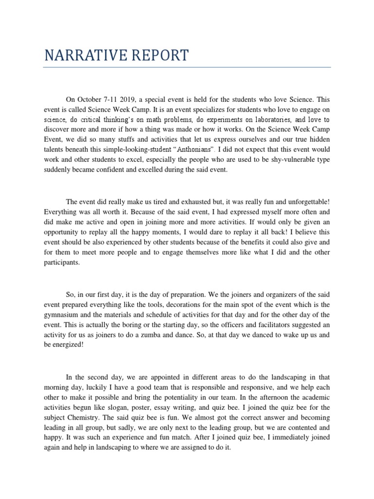 My Narrative Report From The Science Week Camp Event | PDF