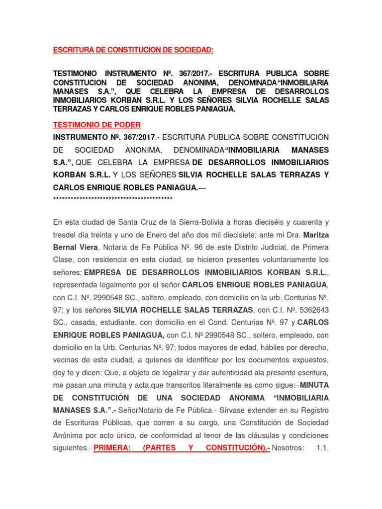 Escritura de Constitucion de Sociedad | Compartir (Finanzas) | Arrendamiento