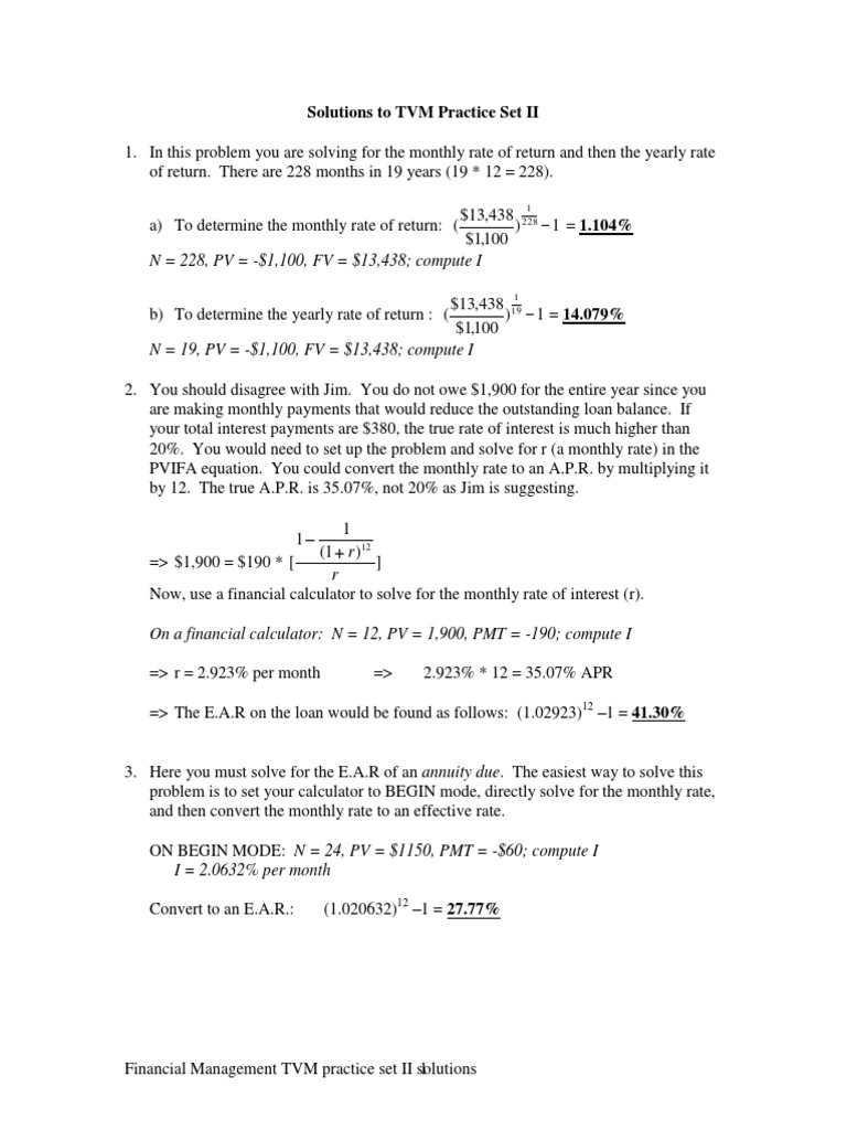 N 228, PV - $1,100, FV $13,438 Compute I: Solutions To TVM Practice Set II | PDF | Annual ...